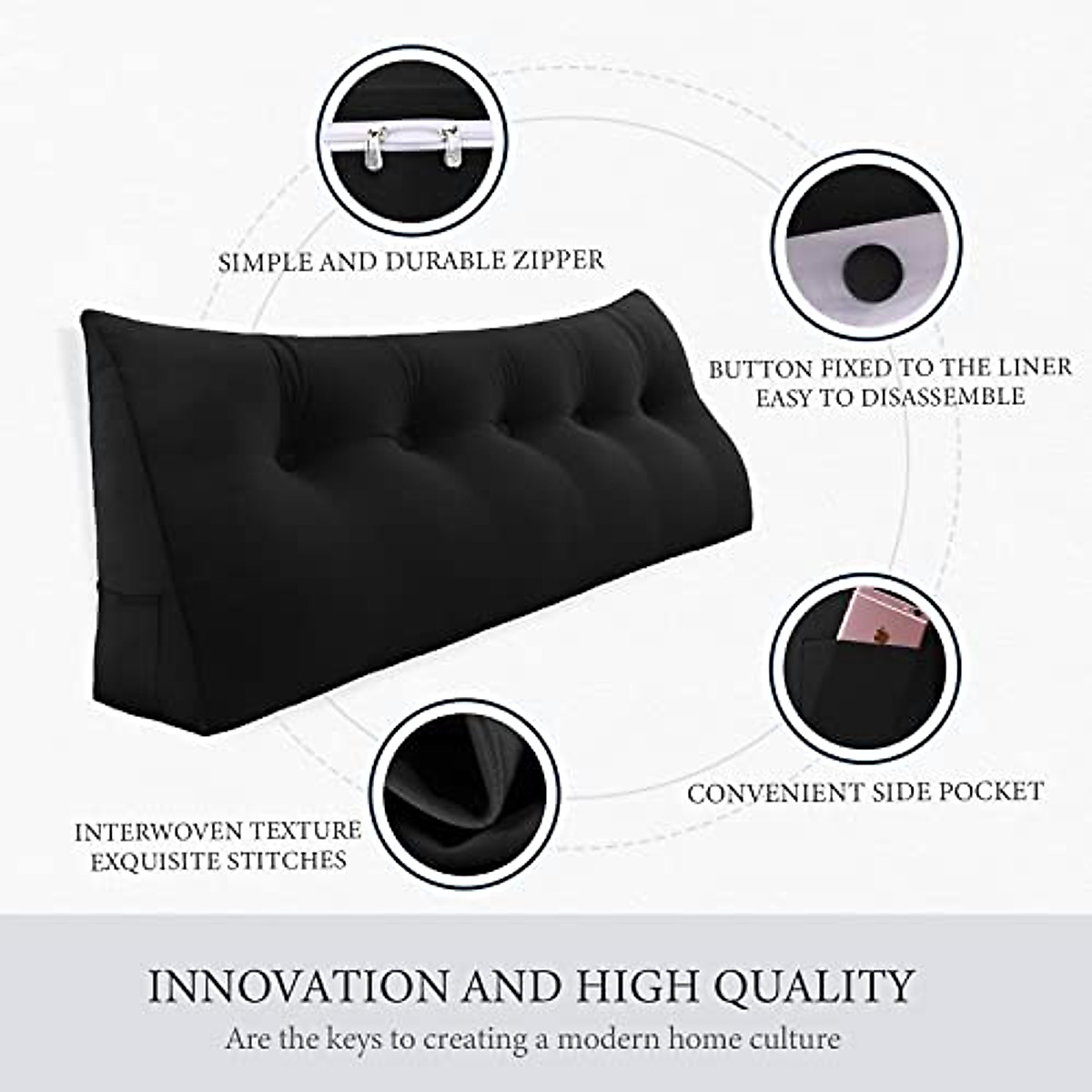 BNCKTRD Triangle Headboard Pillow - 3 in 1 Large Bed Pillow as Wedge Reading Pillow, Large Couch Daybed Pillow or Positioning Support Backrest Back Cushion for Sitting in Bed Velvet Cal King Black