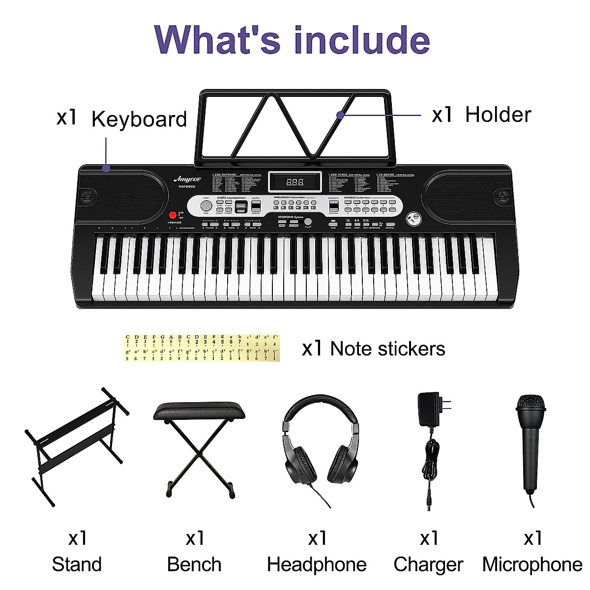 Amyove Keyboard Piano for Beginners, 61 Key Piano Keyboard with Built-In Speaker Microphone, Sheet Stand and Power Supply, Portable Keyboard Teaching for Best Birthday or Christmas Gift