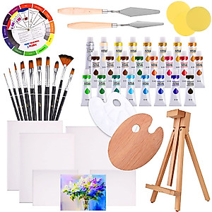 J MARK 48pc Deluxe Painting Kits for Adults - Includes Adjustable Wood Easel, Thick Canvases, Acrylic Paints, Brushes Set,Wooden and Plastic Palettes, 2 Painting Knives, 3 Sponges, Color Mixing Wheel