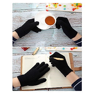 Women's Winter Knitted Beanie Hat with Faux Fur Pom Slouchy Hat and Full Finger Knitted Gloves (Navy Blue Hat)