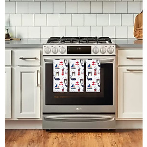 fillURbasket Coastal Kitchen Towels Set of 3 Nautical Towels with Fish Sailboats Whales Lighthouse Ocean Dish Towels for Kitchen 15”x25” 100% Cotton