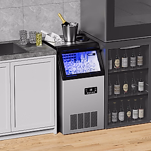 Commercial Ice Maker Machine 150LBS/24H, 2 Water Inlets Under Counter Ice Maker Stainless Steel with 33lbs Ice Storage Capacity, Freestanding Ice Maker