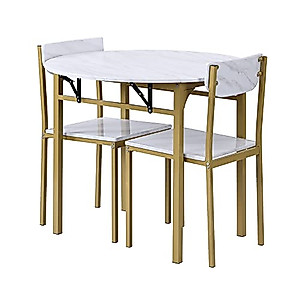 P PURLOVE 3 Piece Round Kitchen Table Set Wood Dining Table Set with Drop Leaf Table and 2 Chairs for Small Places, Apartment(Golden Frame+Faux White Granite Finish)