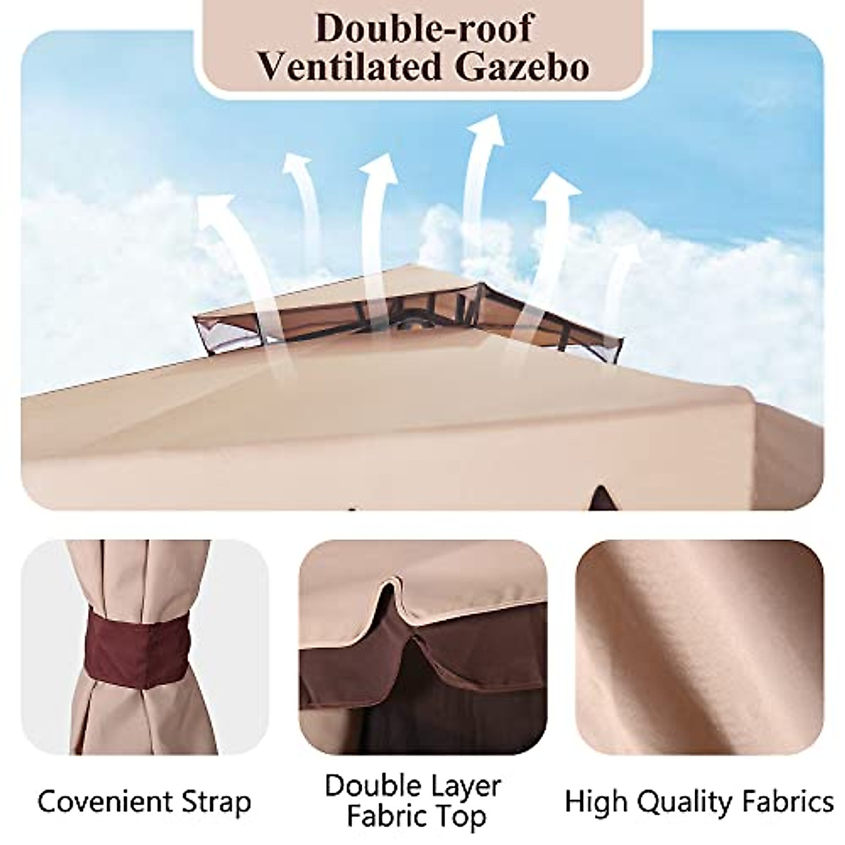 Funny Sunny 10×13FT Outdoor Vented Top Gazebo - Patio Gazebo with Double Roof, Heavy Duty Gazebo with Breathable Netting & Fully Enclosed Zip Curtain for Garden, Porch, Poolside, Yard, Lawn