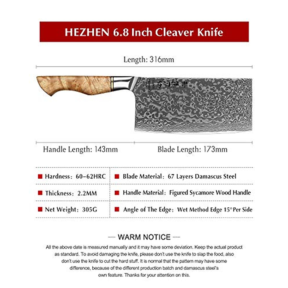 HEZHEN Meat Cleaver Butcher Knife Kitchen Vegetable Cleaver Chinese Chef Cooking Knife 6.8 Inch 67-Layer Damascus Steel Forged Sharp Utility Mincer Knife-Non-Slip Wooden Handle + Gift Box
