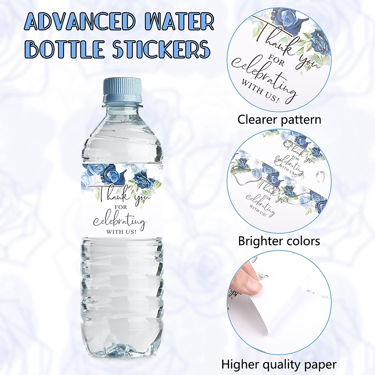 URROMA Wedding Water Bottle Labels, 50 Pcs Thank You White and Blue Rose Water Bottle Wraps Water Bottle Stickers for Birthday Baby Shower