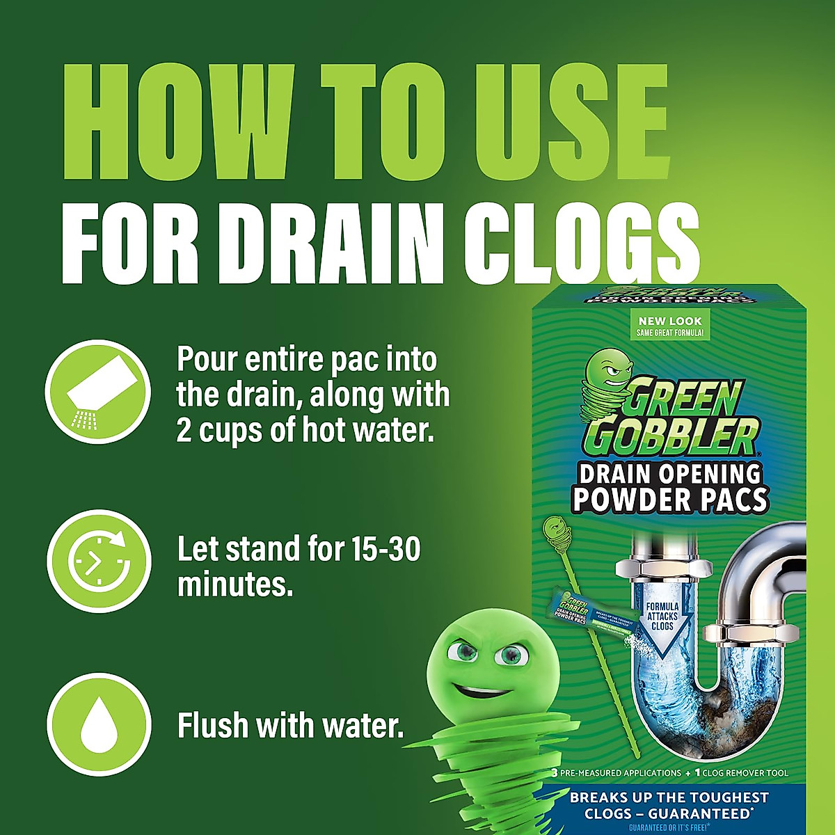 Green Gobbler Drain Clog Remover PAC'S | 5 Drain Opening Pacs & 5 Hair Drain Snake Tools | Best Drain Cleaner and Clog Remover