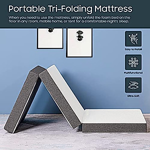 Zayton 4-Inch Tri-Folding Portable Floor Gel Memory Foam Mattress | Comfortable Support, Standard Size, Cot Pad, Breathable Mesh Sides with Ultra Soft, Removable and Washable Cover, Queen, White