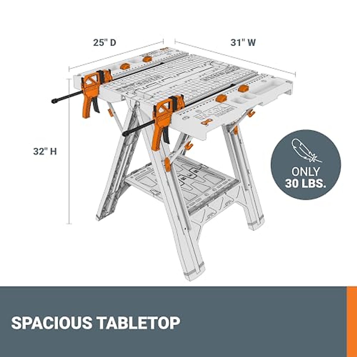 Worx Pegasus 2-in-1 Folding Work Table & Sawhorse, Easy Setup Portable Workbench, 31" W x 25" D x 32" H Lightweight Worktable with Heavy-Duty Load Capacity, WX051 - includes 2 Clamps & 4 Clamp Dogs