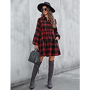 Blooming Jelly Womens Plaid Dresses Fall Long Sleeve Dress Trendy Ladies Dress Mini Babydoll Dresses with Tie Waist (Large,Red)