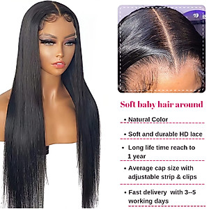 SISLOVV Glueless HD Lace Front Wigs Human Hair Pre Plucked with Baby Hair 180 Density 4x4 Straight Lace Closure Human Hair Wigs for Black Women Natural Black Color (22inch)