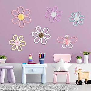 Yuxung 7 Pcs Boho Wall Decor Woven Daisy Flower Hanging Decor Room Nursery Decor Macrame Rainbow Bohemian Room Home Bedroom Cute Wall Flowers for Girls Kids Baby
