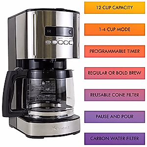 Kenmore Aroma Control 12-cup Programmable Coffee Maker, Black and Stainless Steel Drip Coffee Machine, Glass Carafe, Reusable Filter, Timer, Digital Display, Charcoal Water Filter, Regular or Bold