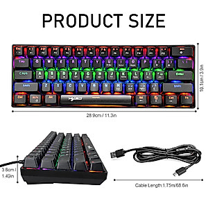 Compact Mechanical Gaming Keyboard Mini Portable with Ergonomic 61 Key Layout Multi Rainbow LED Backlight Anti-ghosting Waterproof Type-C USB Wired for PC MAC Gamer Computer Typist(Black/Blue Switch)