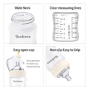 Yooforea Silicone Coated Glass Baby Bottle, 0M+ Slow Flow Nipple I Anti-Colic, Wide Neck, Stable Base I Medical-Grade Silicone Coating for Shatter Protection, BPA BPS PVC Free (2 Pack, 3 Ounce-Cream)