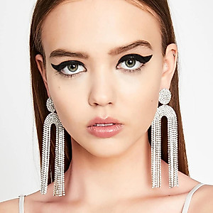 Uacife Silver Elegant Rhinestone Crystal drop Chandelier Long tassel Dangle earrings for Women Girls Bridal Dangling Earring (A-silve-Tassel Crystals Earrings)