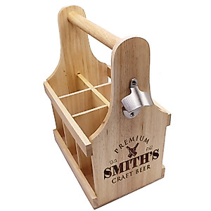 Custom Personalized Wooden 6 Pack Beer Caddy Carrier with Stainless Steel Opener