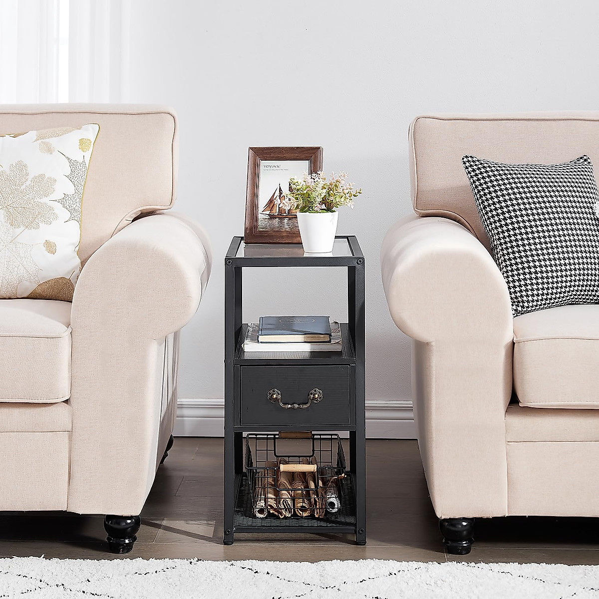 VECELO Tall End Side Tables Living Room Modern Narrow Nightstand with Drawer and Shelf for Bedroom Office,Tempered Glass, Black