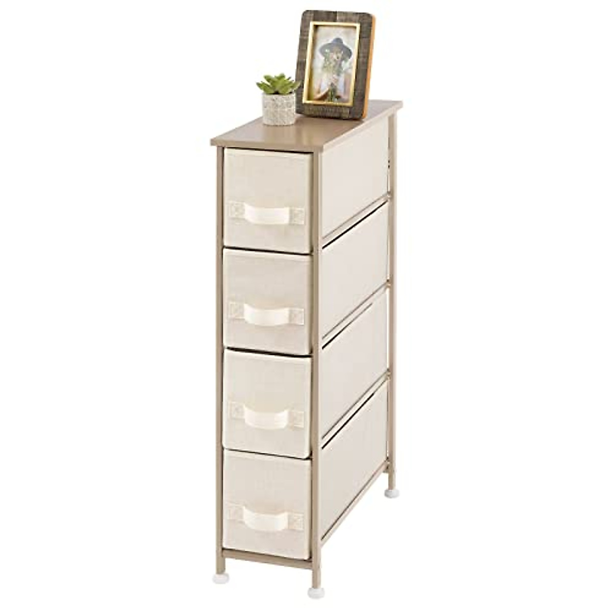 mDesign Narrow Dresser Storage Tower Stand with 4 Removable Fabric Drawers - Steel Frame, Wood Top Organizer for Bedroom, Entryway, Closet - Lido Collection - Cream/Gold