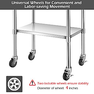 Giantex 36 × 24 Inches Stainless Steel Table w/ 4 Caster Wheels, Commercial Work Prep Table with Adjustable Lower Galvanized Shelf, Heavy Duty Metal Table for Restaurant, Kitchen