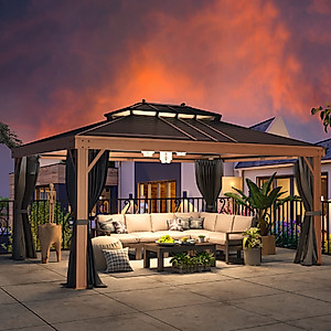 YOLENY 12' x 16' Hardtop Gazebo Faux Wood Grain with Aluminum Frame, Galvanized Steel Double Roof, Outdoor Patio Gazebo with Netting and Curtains for Backyard, Patio and Lawns