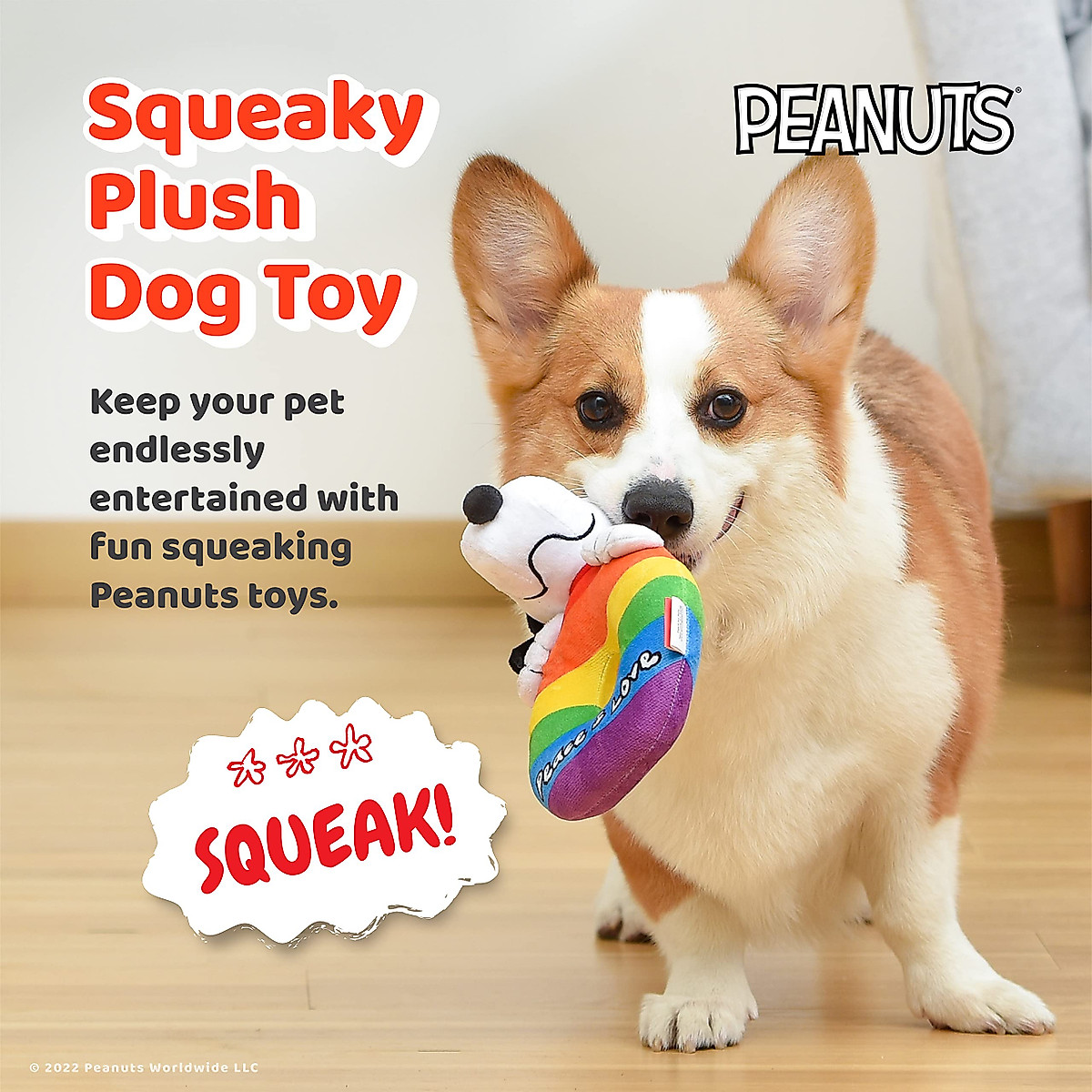 Peanuts: 8" Snoopy Peace & Love Plush Ring Squeaker Pet Toy | Peanuts for Pets 8" Snoopy Love Squeaky Pet Toy | Peanuts Dog Toys, Snoopy | Love Gifts for Pets, Snoopy Rainbow Toys for Dogs