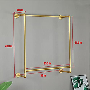 Ethemiable Industrial Modern Metal Clothing Store Display Stands,Wall Mounted Garment Rack, Double Bar Hanging Clothes Storage Pipe Shelf, Home Towel Rack (Gold, 39" L)