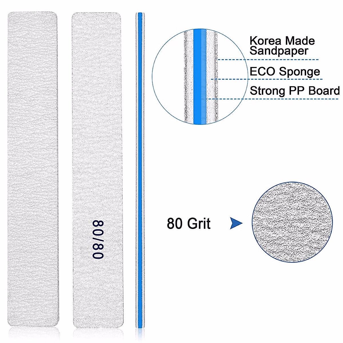 Nail File for Acrylic Nails 12pcs, 80/80 Grit Files Emery Boards, Jumbo Washable Thick Professional Square Nail File Manicure Tools for Nail Tech