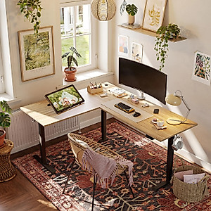 FEZIBO Triple Motor L-Shaped Electric Standing Desk, Height Adjustable Stand up Corner Desk, 63 Inches Sit Stand Workstation with Splice Board, White Frame/Light Walnut Top