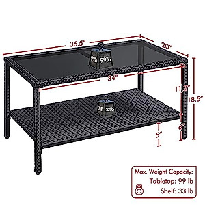 Yaheetech Outdoor Wicker Coffee Table Storage Table, All-Weather Rattan Side Table with Tempered Glass Top, Patio Furniture Garden Coffee Table