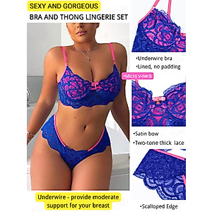Kaei&Shi Sexy Bra And Panty Sets,Underwire Floral Lace Lingerie For Women, Sheer Scalloped Neon Matching Two Piece Lingerie Set Petite Boudoir Blue Small