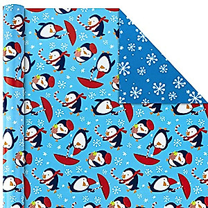 Hallmark Christmas Reversible Wrapping Paper, Kids (Pack of 3, 120 sq. ft. ttl) Santa, Joy, Penguins, Snowflakes, Polka Dots, Stripes
