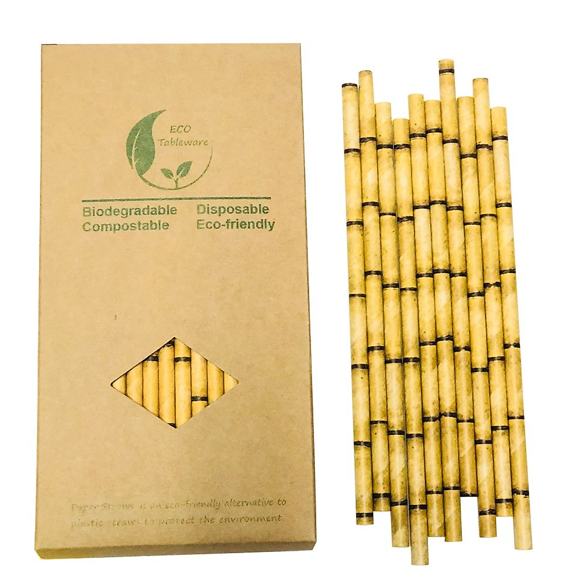100 Pack Biodegradable Yellow Bamboo Paper Straws, Disposable Tropical Drinking Straws Cake Pop Sticks