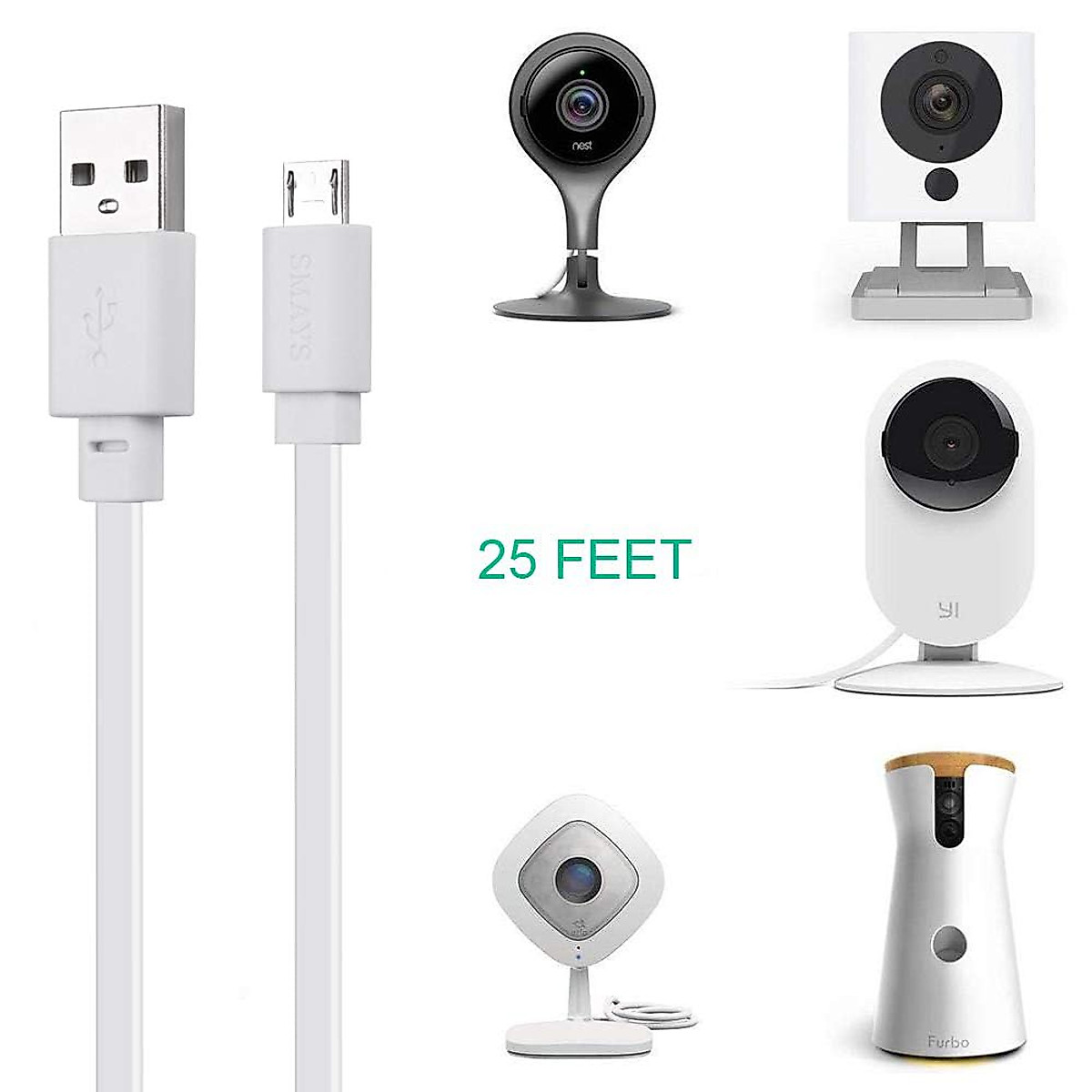 Smays 3-Pack 25 ft Micro USB Extension Cable Compatible with Wyze Cam v4, Wyze Cam Pan v3, Yi Cam, Nest Cam, Blink Mini Security Camera, Long Flat Power Cord, White