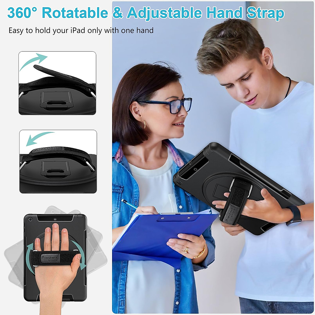 Case for iPad 6th/5th Generation: Protective TPU Cover for iPad 9.7 (2018/2017) & iPad Air 2 9.7" with Screen Protector- Stand- Handle- Shoulder Strap-Pencil Holder- Black