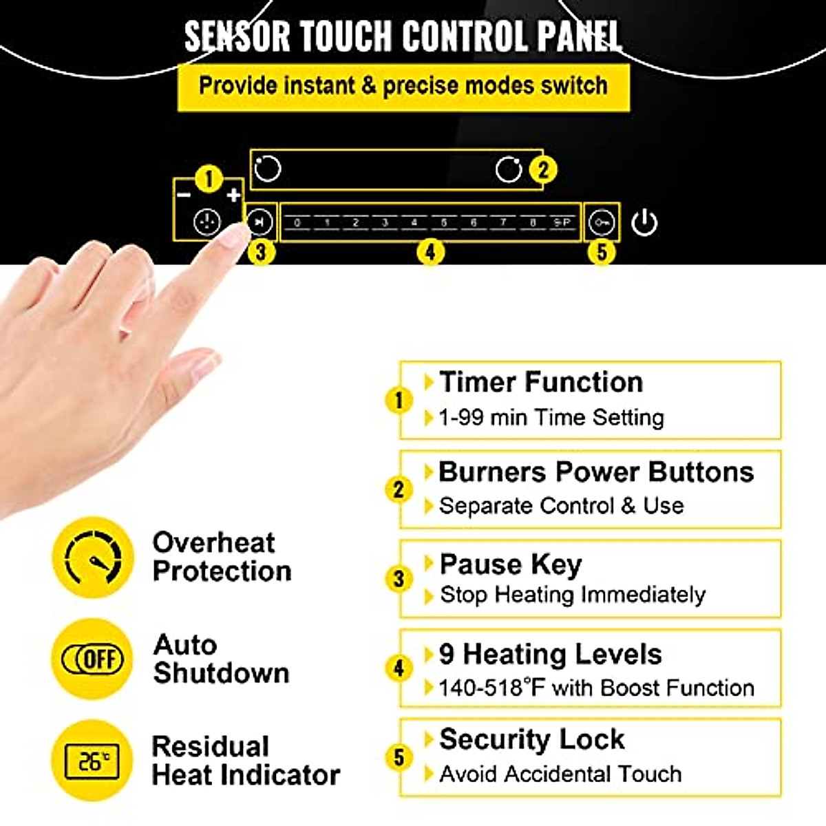 VEVOR Built-in Induction Electric Stove Top 24 Inch,2 Horizontal Burners Electric Cooktop,9 Power Levels & Sensor Touch Control,Easy to Clean Ceramic Glass Surface,Child Safety Lock,110V