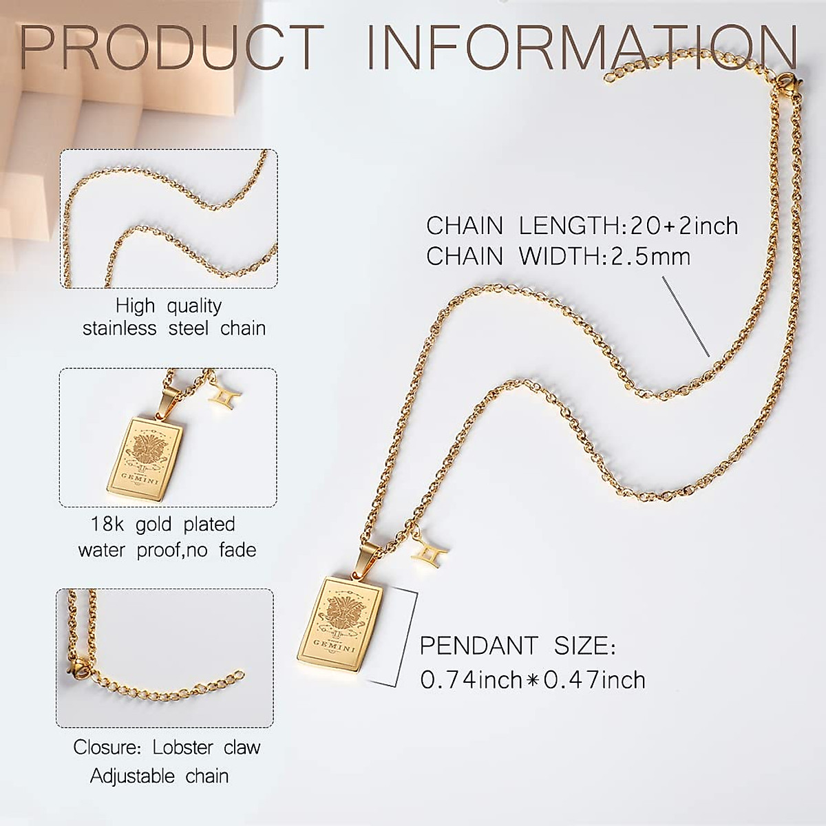 Zodiac Sign Necklace for Women 18K Gold Plated Stainless Steel Chain 20+2 inch Double Sided Constellation Tarot Card Pendant Waterproof Non Tarnish Friendship Jewelry Birthday Gift(Taurus)