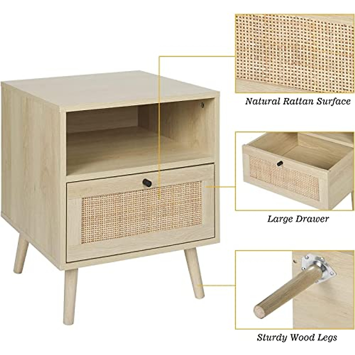 Rattan Nightstand with Drawer and Open Storage Shelves, Wood Finish End Table, Accent Side Table for Living Room, Bedroom