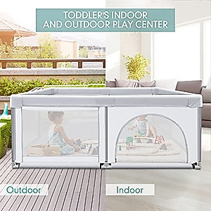 Baby Playpen, Large Playard, Indoor & Outdoor Kids Activity Center with Anti-Slip Base, Sturdy Safety Play Yard with Breathable Mesh, Kid's Fence for Infants Toddlers (Light Grey, 59”x47”)