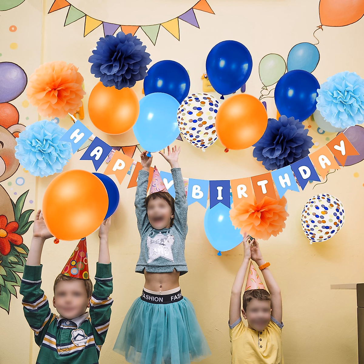 Rishafowg Blue and Orange Happy Birthday Party Decorations, Blue Themed Party Decorations with Banner Balloons and Pompoms Birthday Baby Shower Décor Supplies Kids Boys Girls