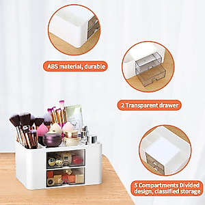 LETURE Desk Organizer with 2 Drawer, Plastic Desktop Pen Pencil Card Holder Storage Box for Desk, Office Supplies, Vanity Table Office School Home (White)