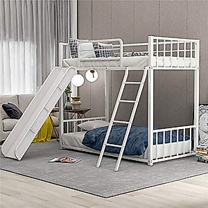 Metal Loft Bunk Bed with Slide and Ladder, Multifunctional Design, with Safety Guard Rails for Kids Teens Adults/Easy to Assemble/No Box Spring Required (White)