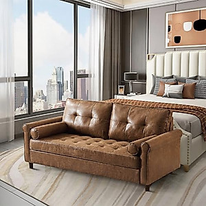 JEEOHEY Small Couch, 60 Inch Mid-Century Modern Faux Leather Upholstered Loveseat Sofa Furniture for Small Space, Living Room, Bedroom, 2 Throw Pillows, Rolled Arm, Back Cushion, Brown