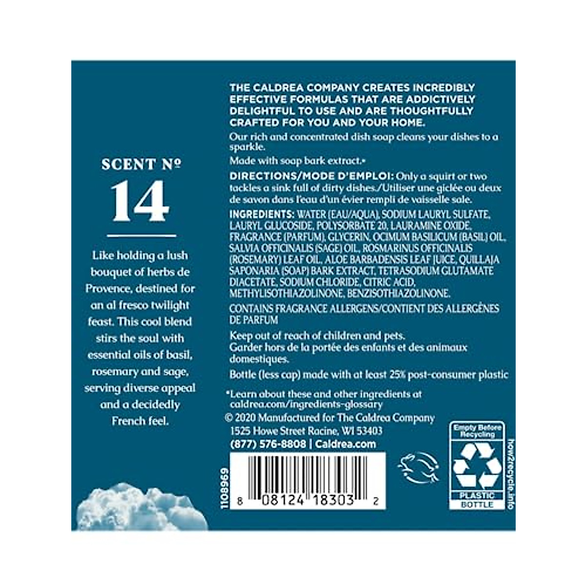 Caldrea Dish Soap, Biodegradable Dishwashing Liquid made with Soap Bark and Aloe Vera, Basil Blue Sage Scent, 16 oz , 3 Pack