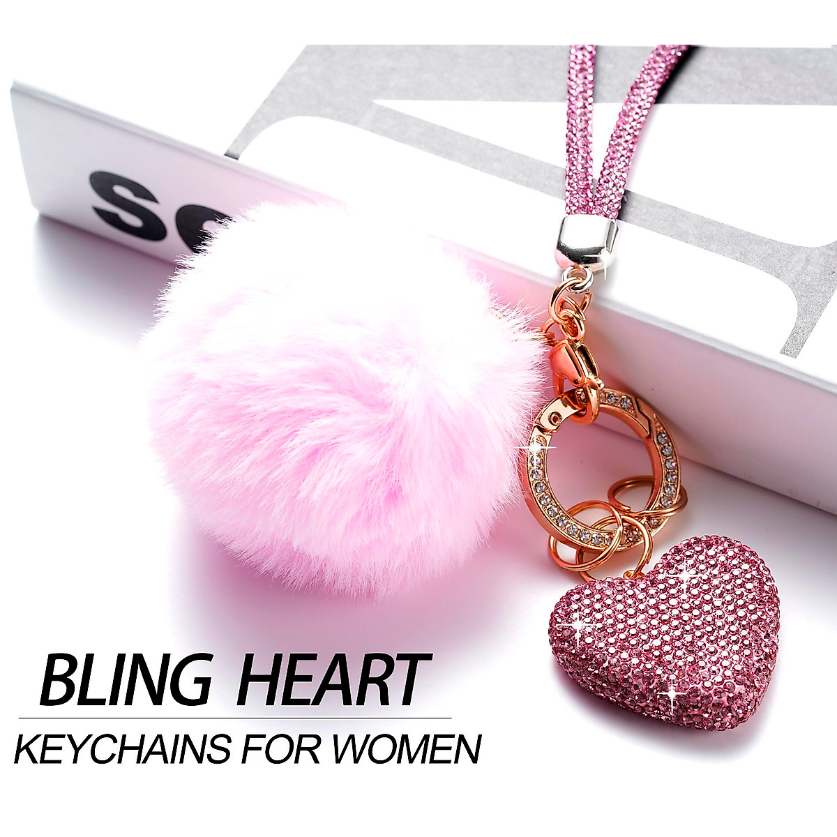 HONYJOOM Pink Heart Keychains for Women, Cute Bling Wristlet Accessories Girly Aesthetic Key Chain Charms for Car Keys, Backpack Puff Ball