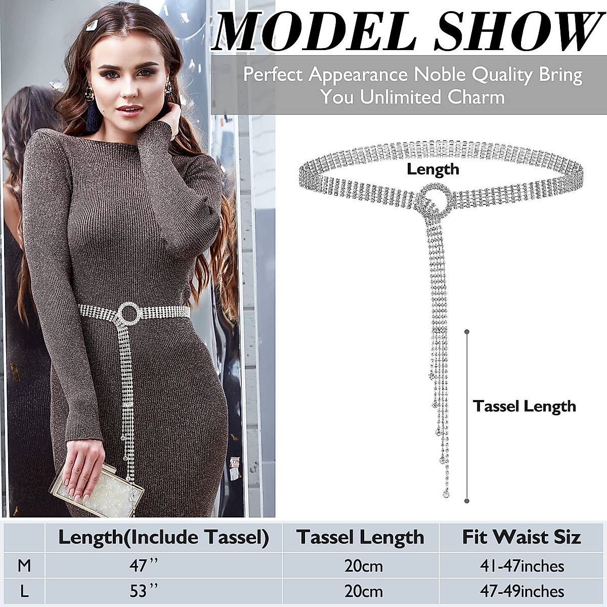 Vabean 2 Pieces Women Rhinestone Belt Shiny Diamond Crystal Ladies Single O Ring Square Ring Waist Belt for Jeans Dresses (Silver, 47 Inch)