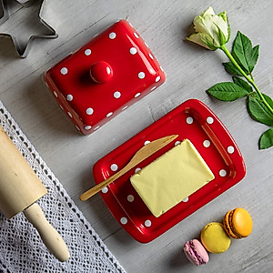 Handmade Ceramic European Covered Butter Dish With Lid | Unique Red and White Polka Dot Pottery Butter Keeper | Housewarming Gift by City to Cottage®