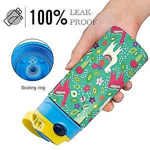 Kids Water Bottle with Straw Lid Cute Llama with Flower Cactus Ladybug Print 12 Oz/350 Ml Stainless Steel Reusable Thermos Bottles