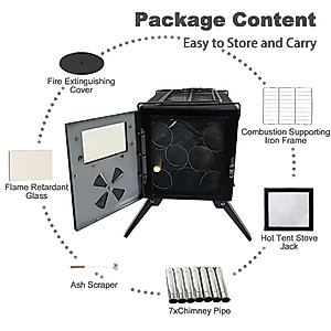 UNDUSLUY Outdoor Portable Wood Burning Stove, Heating Burner Stove for Tent,Camping, Ice-fishing, Cookout, Hiking, Travel, Includes Pipe Tent Stove+Tent Stove Jack