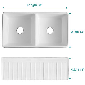 Double Bowl Kitchen Sinks, HOROW 33 inch White Kitchen Sink 50/50 Apron Front Ceramic Fireclay Farmhouse Sink, 33"W x 18"D x 10"H